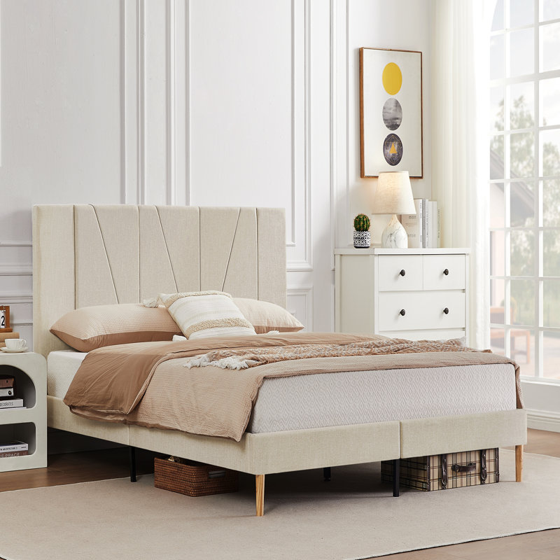 Jadel Upholstered Platform Bed Frame with Complete Headboard Latitude Run Color Beige Brown Size Queen